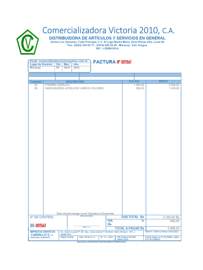 FACTURA 001561 Comercializadora Victoria 2 | PDF | Documentos empresariales