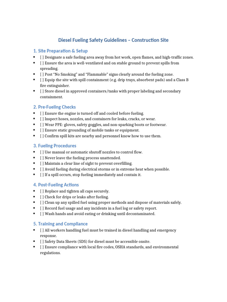 Diesel Fueling Safety Guidelines Construction Site | PDF