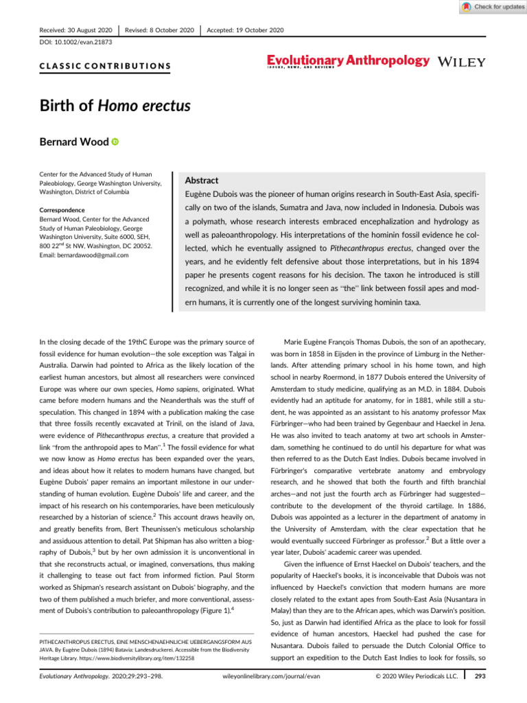 Evolutionary Anthropology - 2020 - Wood - Birth of Homo Erectus | PDF ...