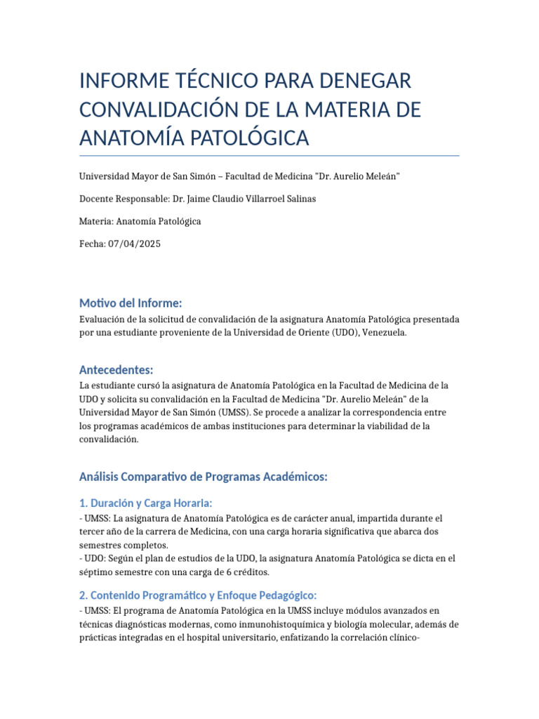 Informe Denegacion Convalidacion Anatomia Patologica | PDF | Patología | Plan de estudios