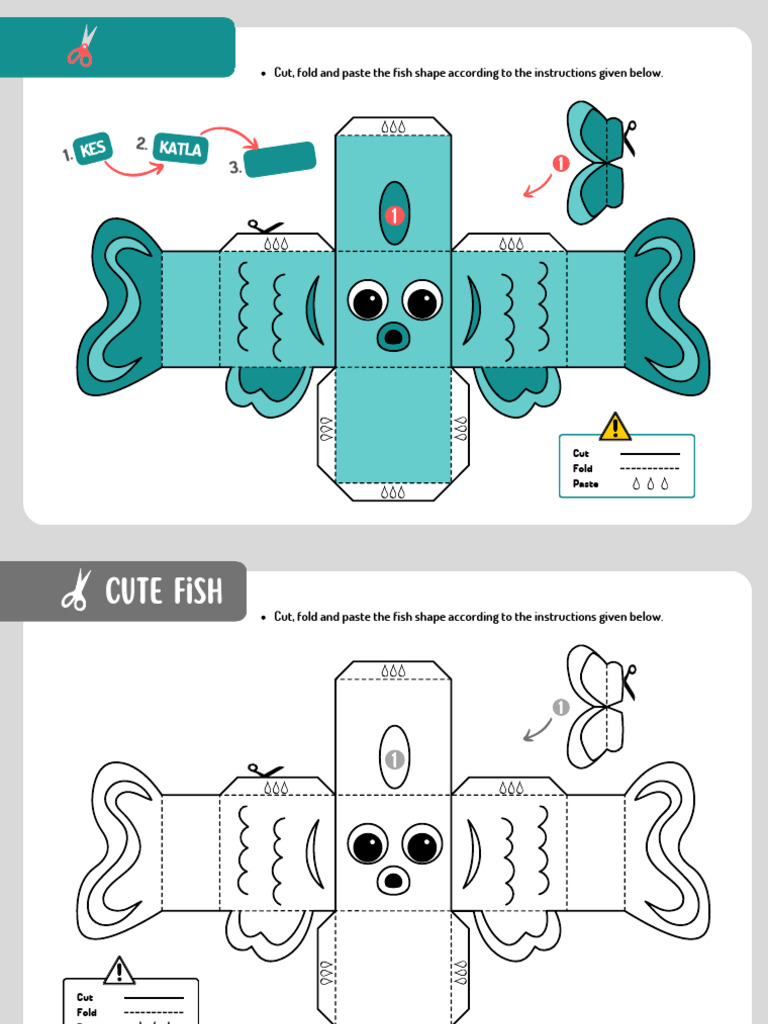Green Cute Cut Fold Paste Fish Worksheet | PDF
