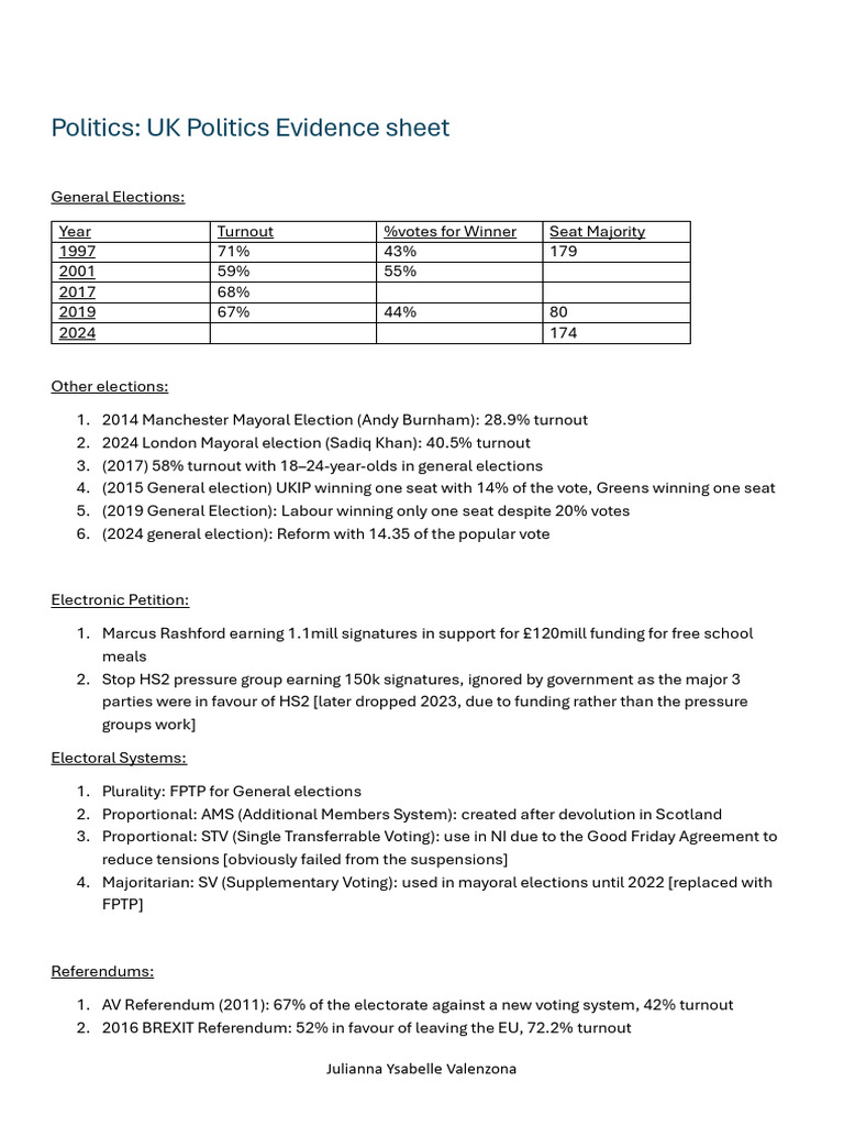 UK Politics and Government - Evidence Sheet | PDF | Conservative Party ...