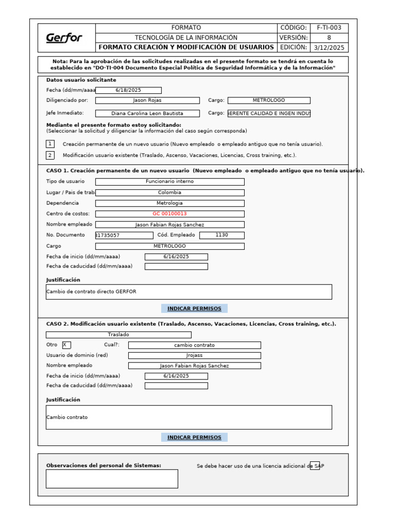 Formatocreacionymodificaciondeusuarios v8j Ason Rojas | PDF | Software de la aplicacion ...