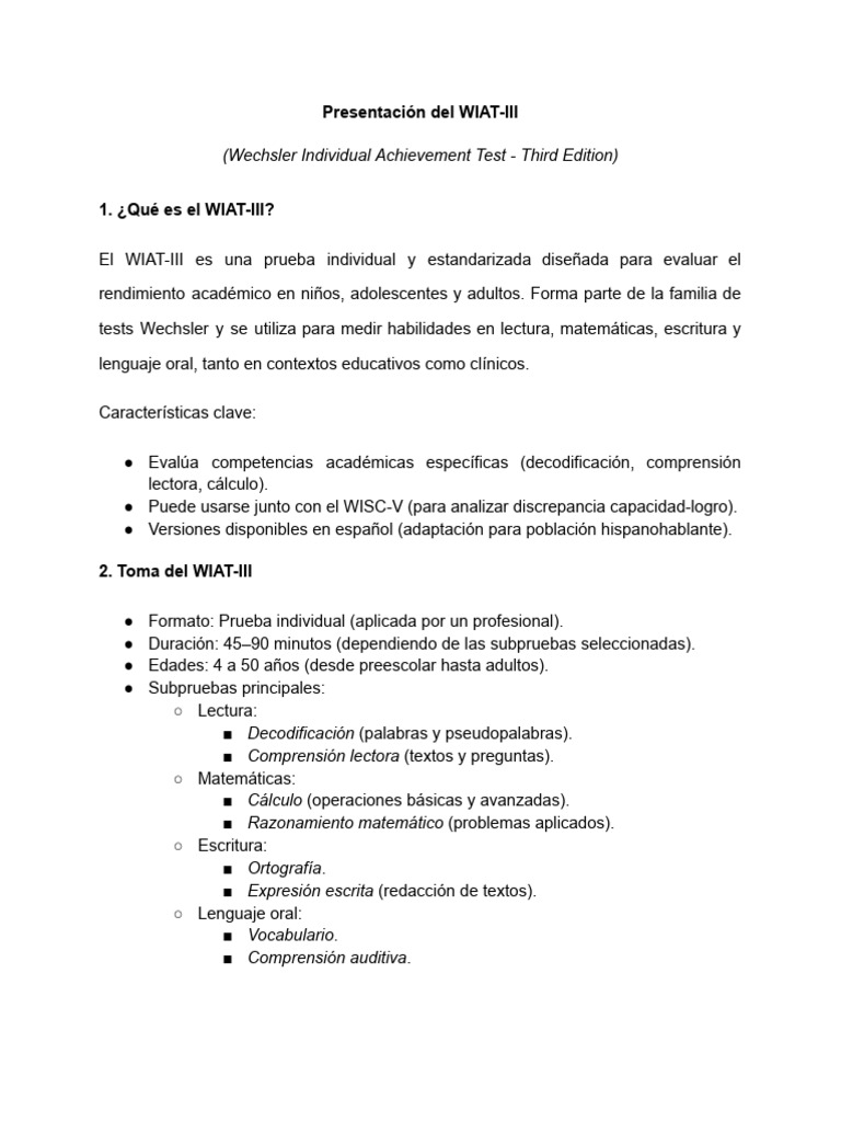 Presentación Del WIAT-III | PDF | Dislexia | Modificación de comportamiento