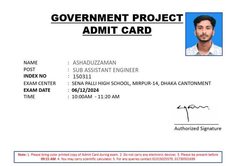 Government Project Admit Card: Ashaduzzaman Sub Assistant Engineer | PDF