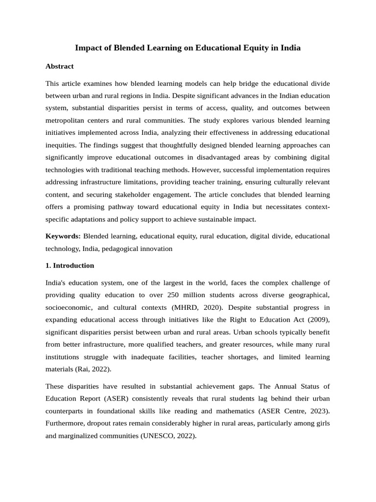 Impact of Blended Learning On Educational Equity in India | PDF ...