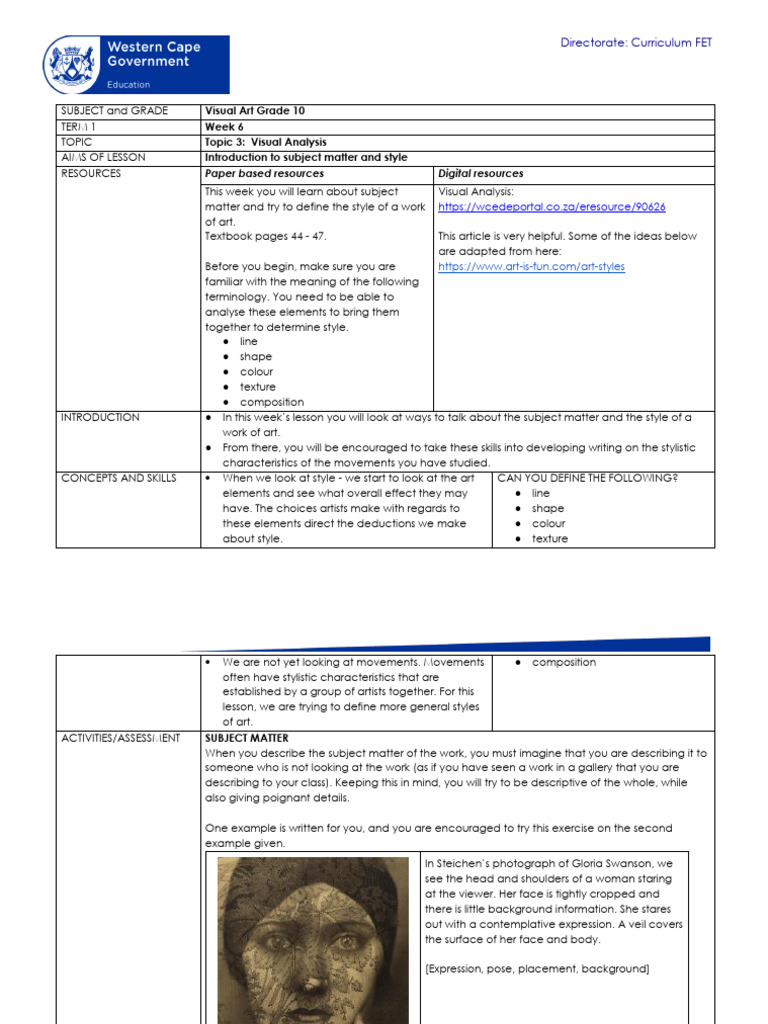 Visual Arts Grade 10 T1 W6 - 2021 | PDF | Realism (Arts) | The Arts