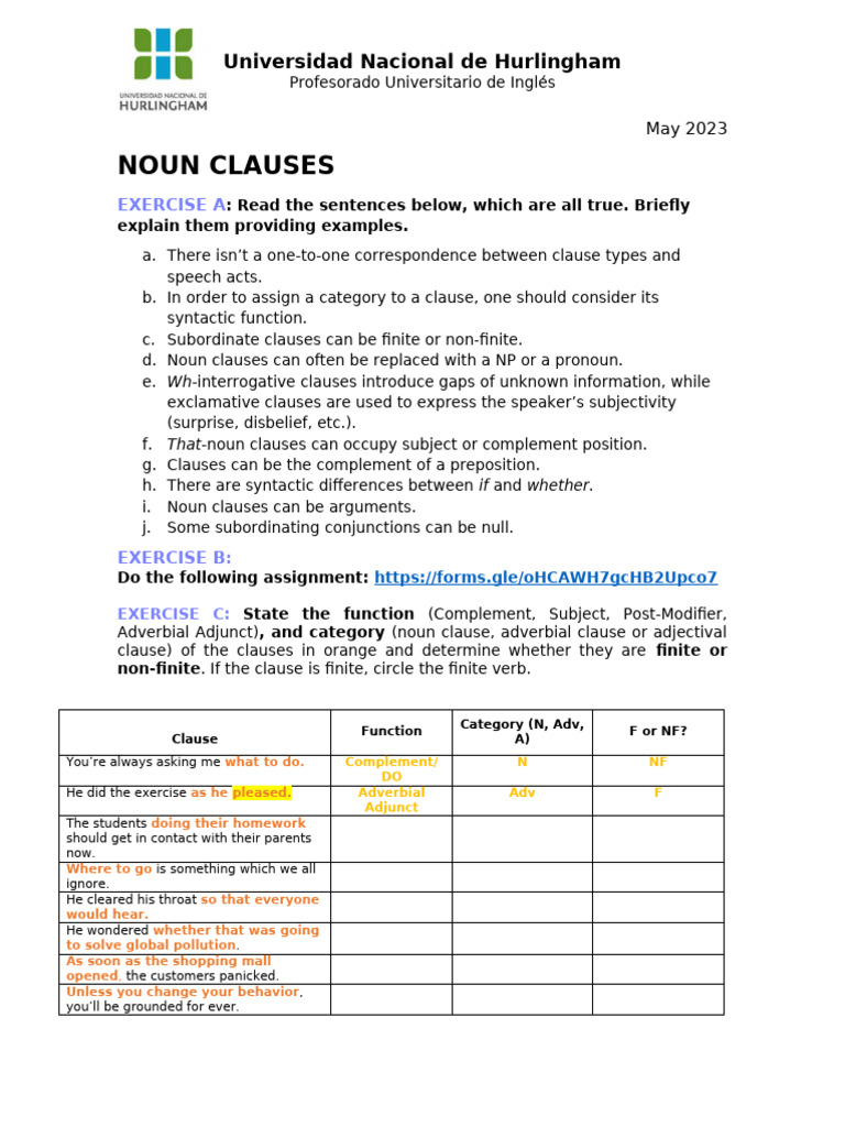 Noun Clauses UNAHUR Practice I | PDF | Clause | Semantic Units