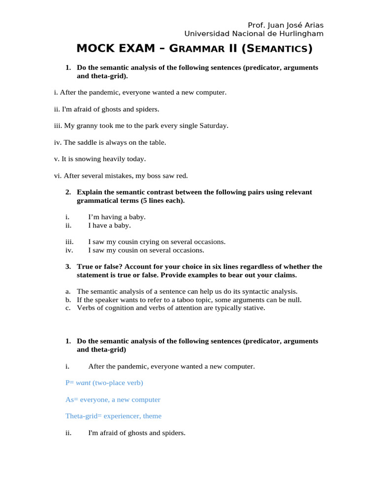 Mock Exam - Grammar II - Unahur - Semantics | PDF | Semantics | Verb