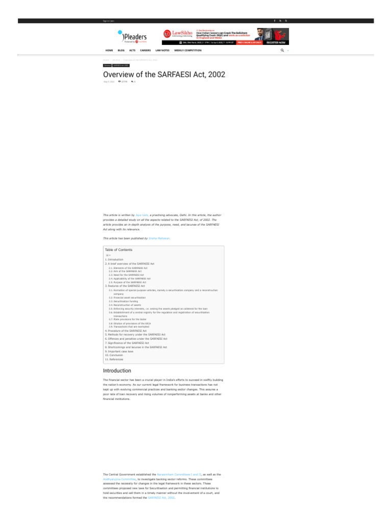 Blog Ipleaders in Overview of The Sarfaesi Axt 2002 | PDF | Security Interest | Securitization