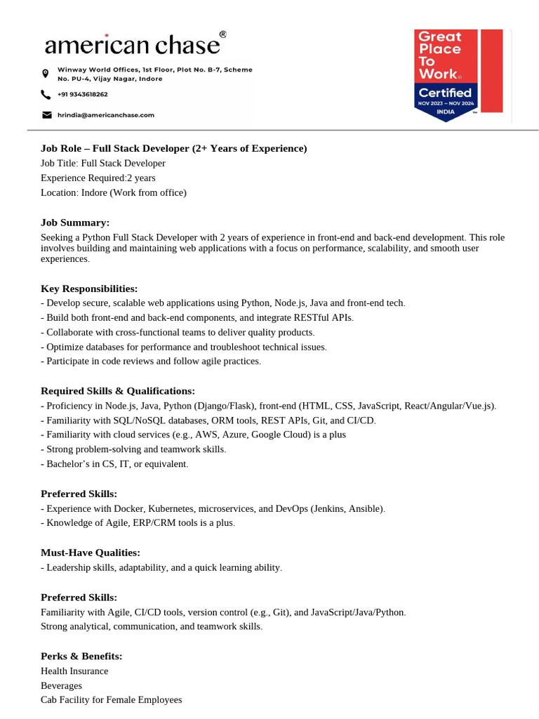 JD - Full Stack Developer | PDF