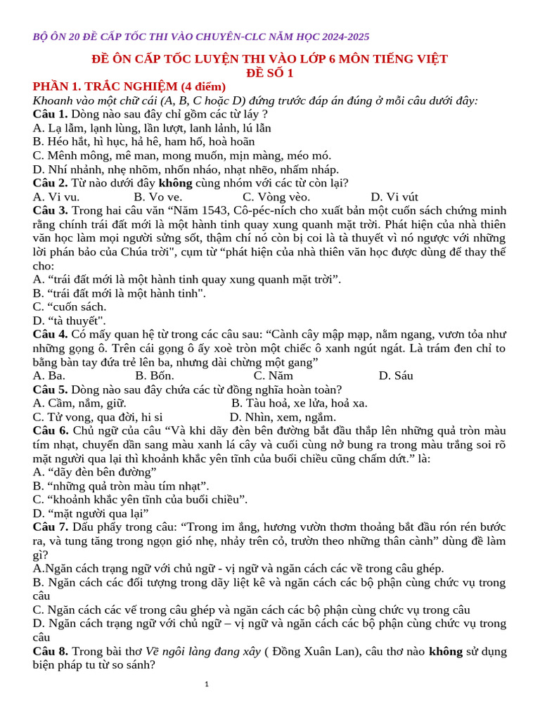 Đề Ôn Tiếng Việt Vào Lớp 6 Clc | PDF