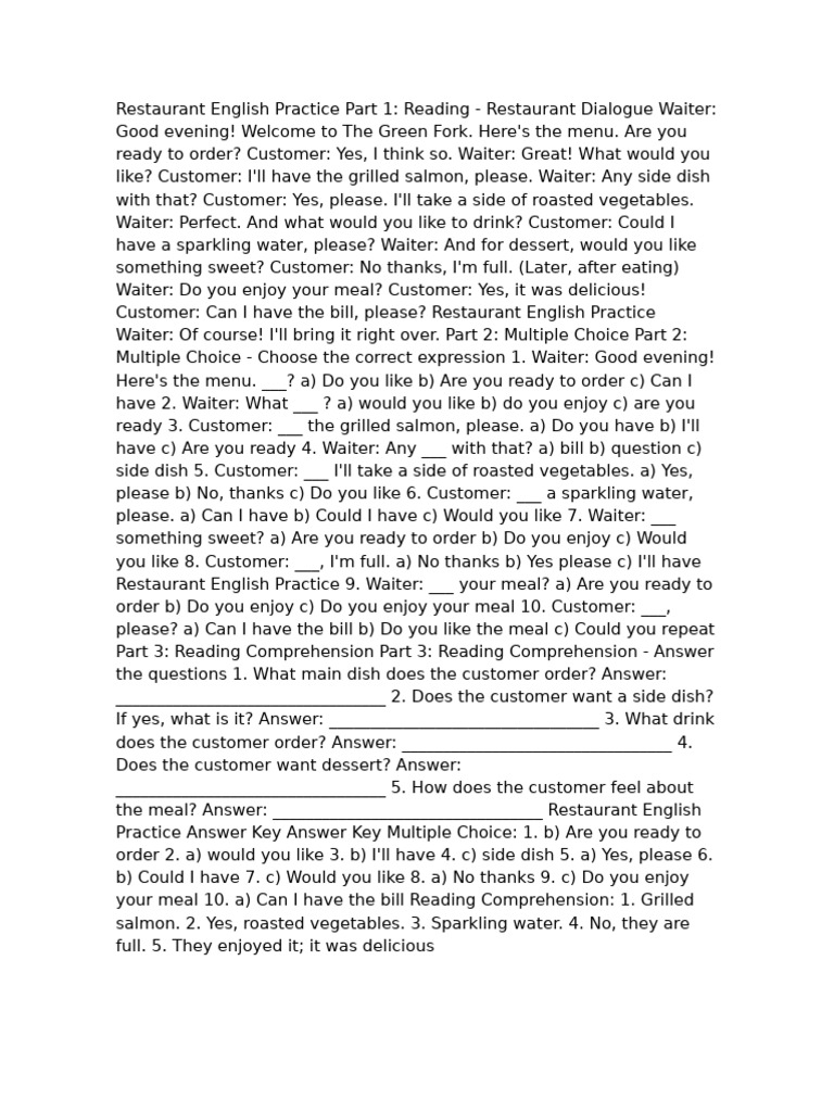 Restaurant Dialogue Practice for Two | PDF | Restaurants | Meal