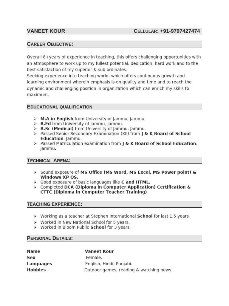 Experienced Teacher Resume of Vaneet Kour | PDF
