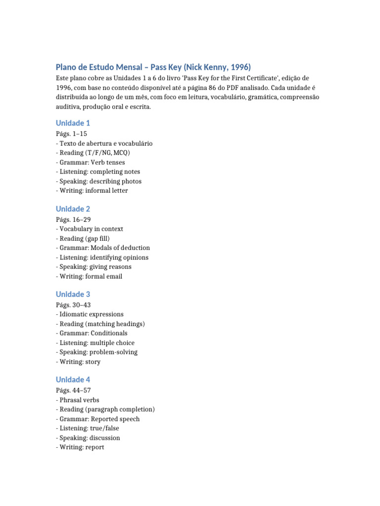 Plano Estudo PassKey Unidades 1a6 | PDF
