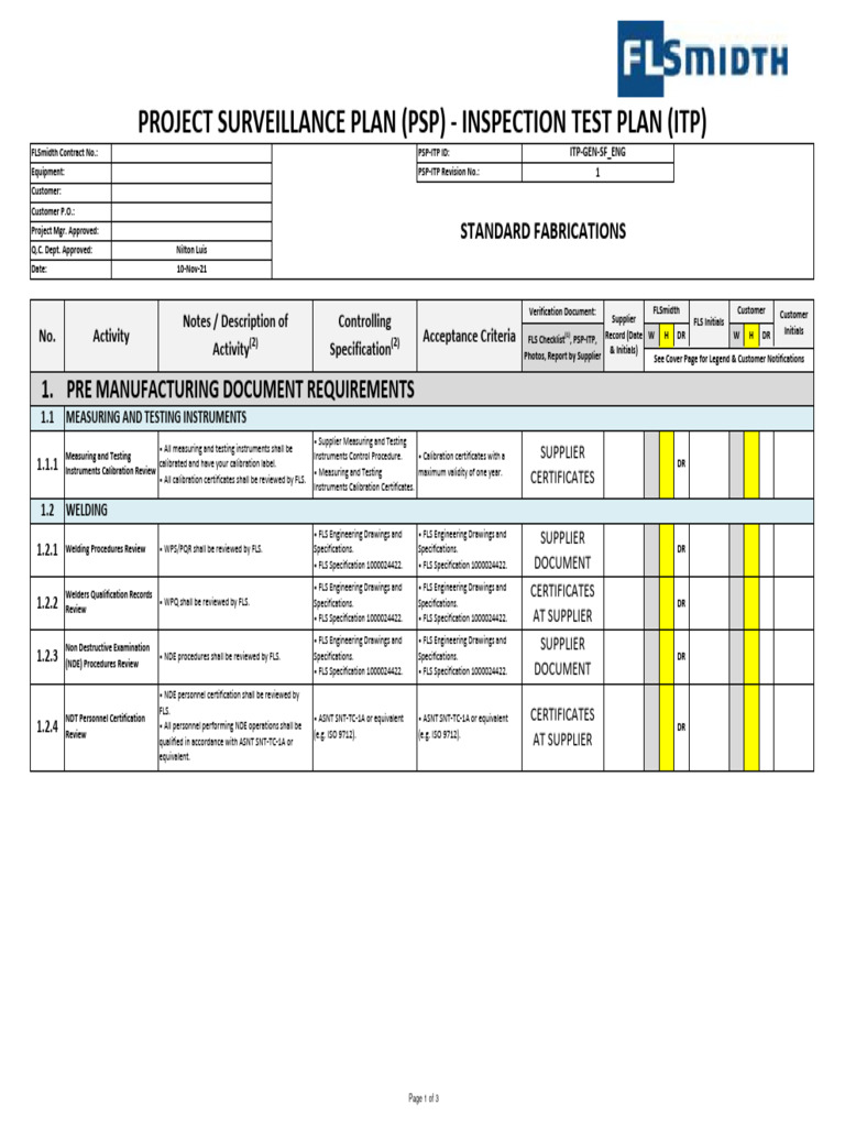 FLSmidth Inspection Test Plan Overview | PDF | Nondestructive Testing ...