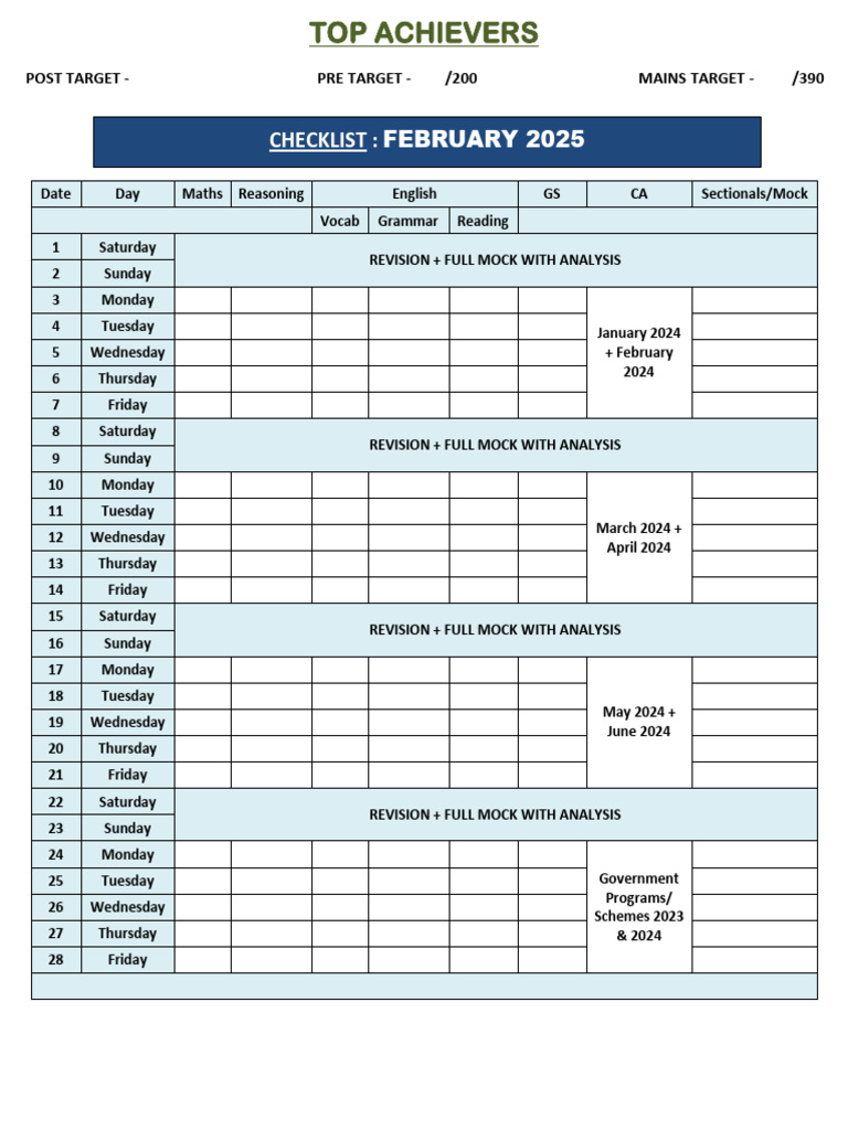 Dainik Target Revision Schedule 2024 | PDF