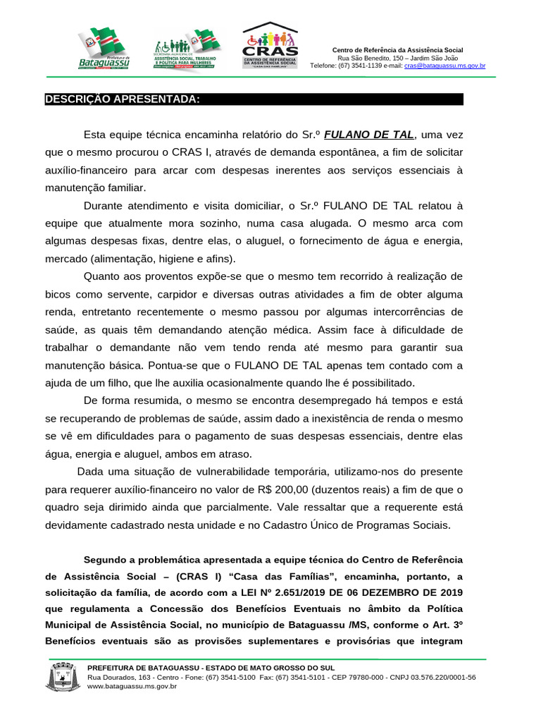 Aux Financ. Modelo Relatorio Cras | PDF