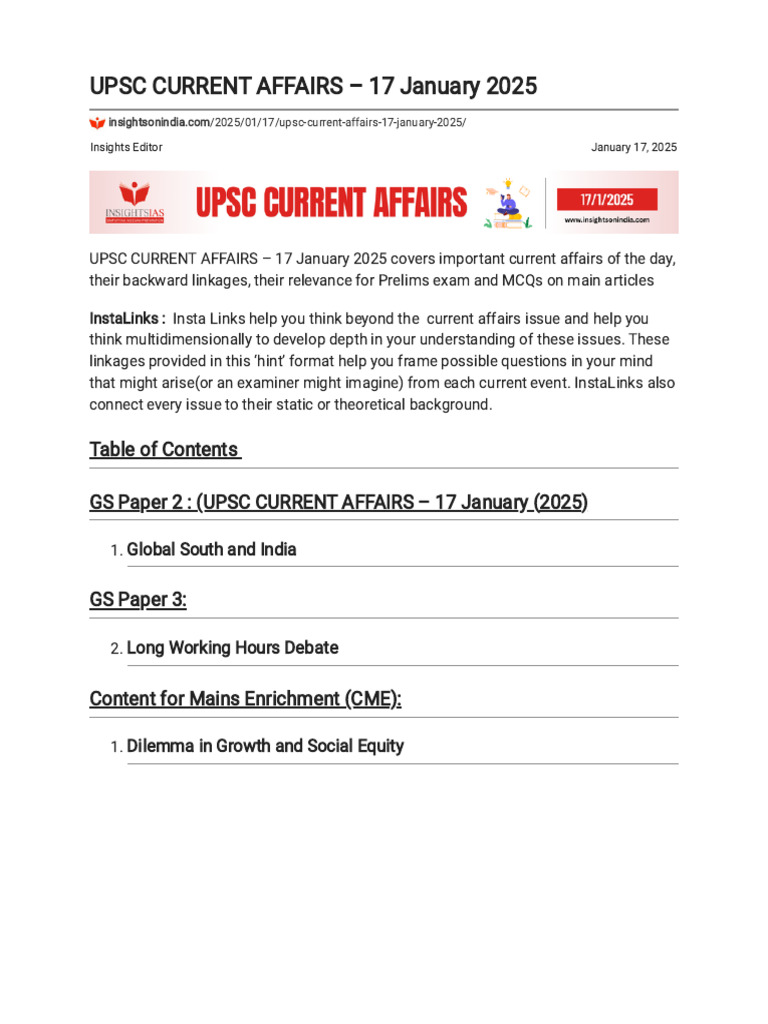 January 2025 UPSC Current Affairs | PDF | Working Time | Economies
