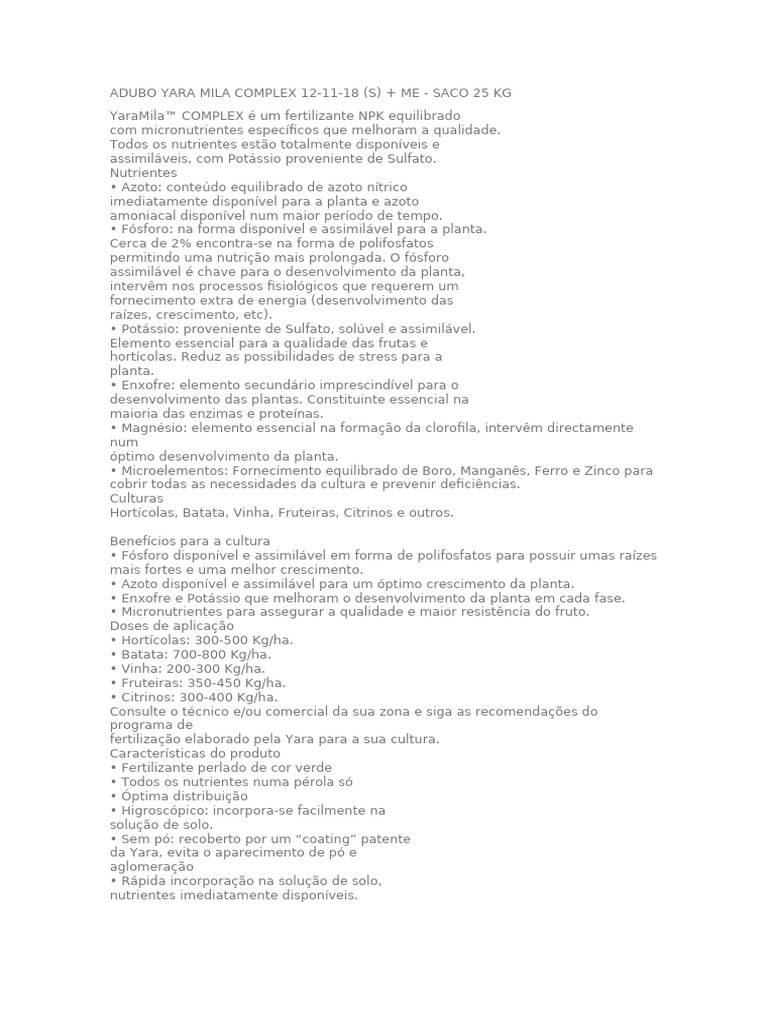 Adubo Yara Mila Complex 12 | PDF