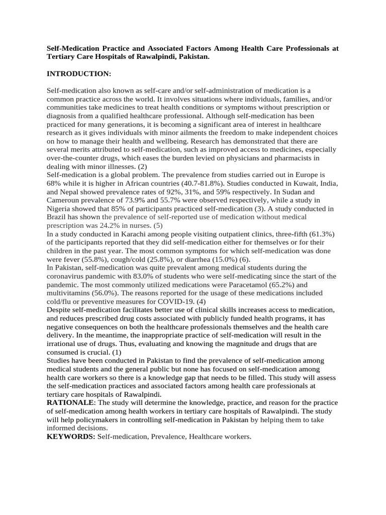 Self Medication Synopsis | PDF | Health Care | Health Professional