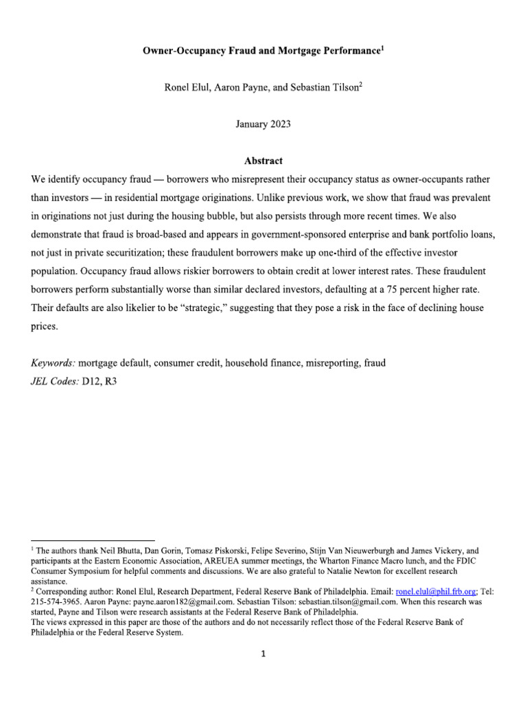 Owner-Occupancy Fraud and Mortgage Performance - wp23-01 | PDF