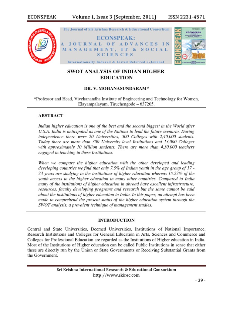 SWOT Analysis of Indian Higher Education | PDF | University | Higher ...