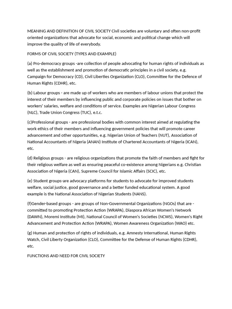 MEANING AND DEFINITION OF CIVIL SOCIETY Civil Societies Are Voluntary ...