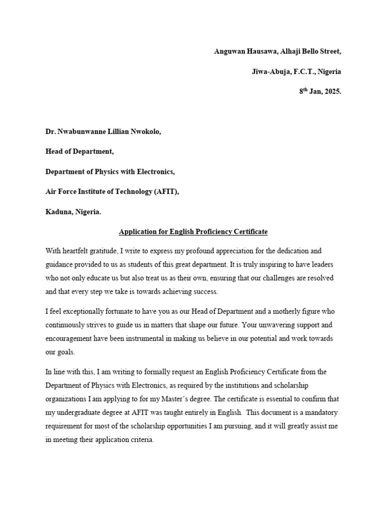 Application For English Proficiency Certificate | PDF