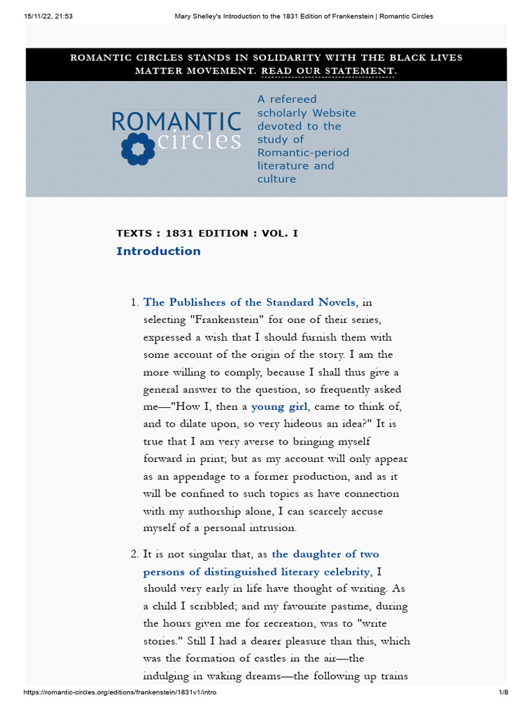 Mary Shelley's Introduction To The 1831 Edition of Frankenstein | PDF ...