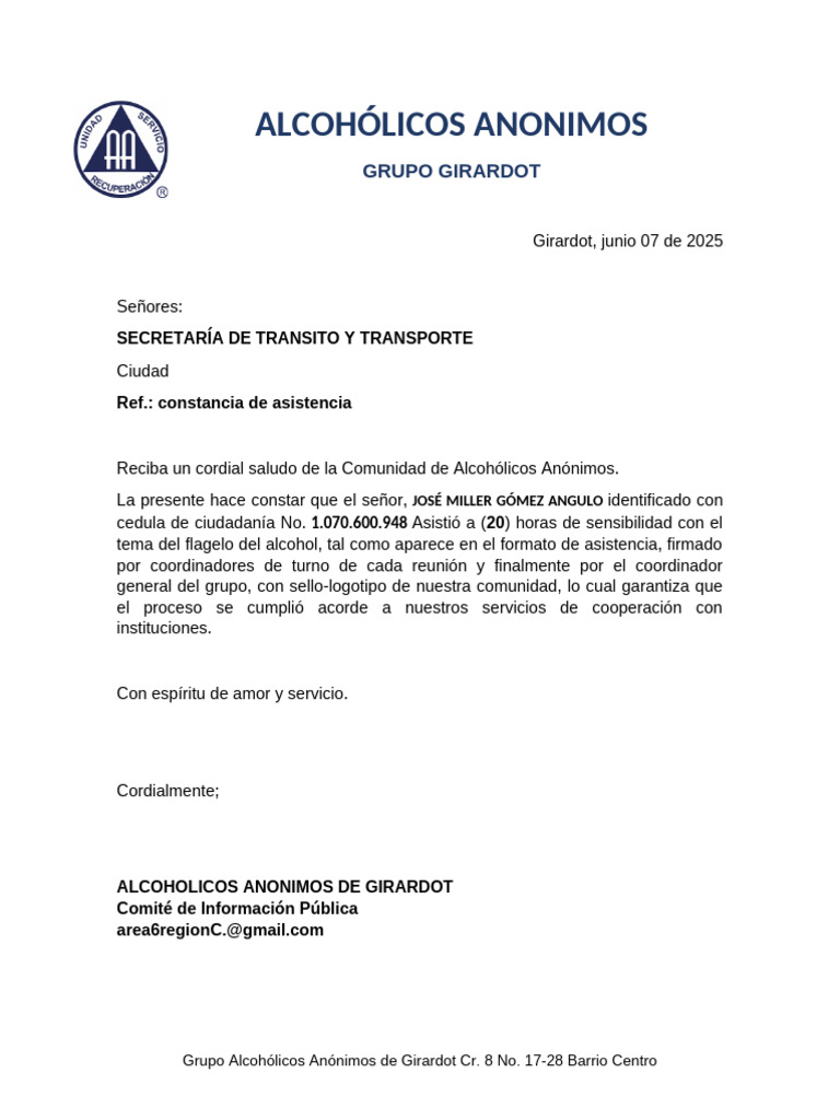 Carta Alcohólicos Anonimos Jose Miller | PDF