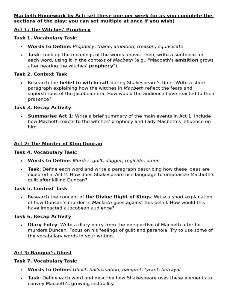 Weekly Macbeth Homework Assignments | PDF | Macbeth | Ghosts