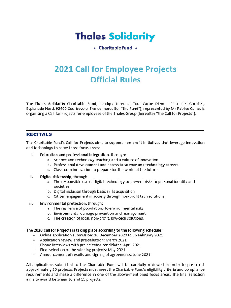Official Rules Thales Solidarity Call For Projects 2021 - EN | PDF ...