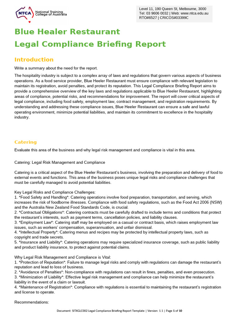 SITXGLC002 Legal Compliance Briefing Report Template | PDF | Regulatory ...