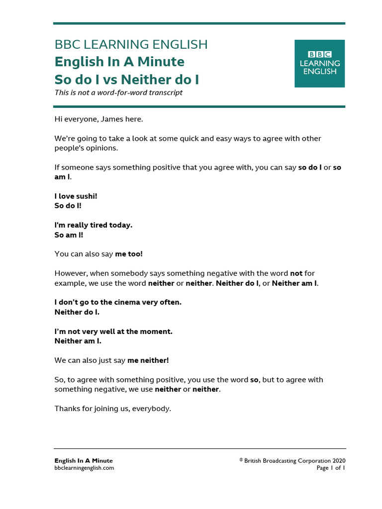 Agreeing in English: So Do I vs Neither Do I | PDF
