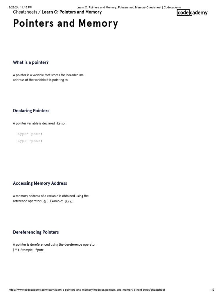 Learn C - Pointers and Memory - Pointers and Memory Cheatsheet - Codecademy | PDF