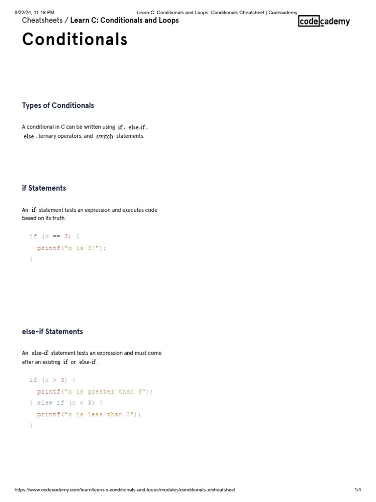 Learn C - Conditionals and Loops - Conditionals Cheatsheet - Codecademy ...