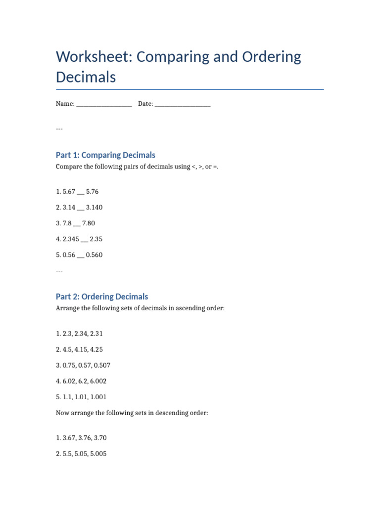 Comparing and Ordering Decimals Worksheet | PDF