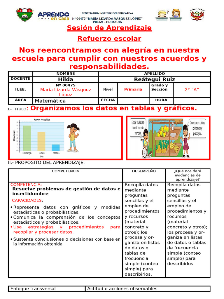 Organizamos Los Datos en Tablas y Gráficos Refuerzo Escolar 2023 | PDF | Aprendizaje | Estadísticas