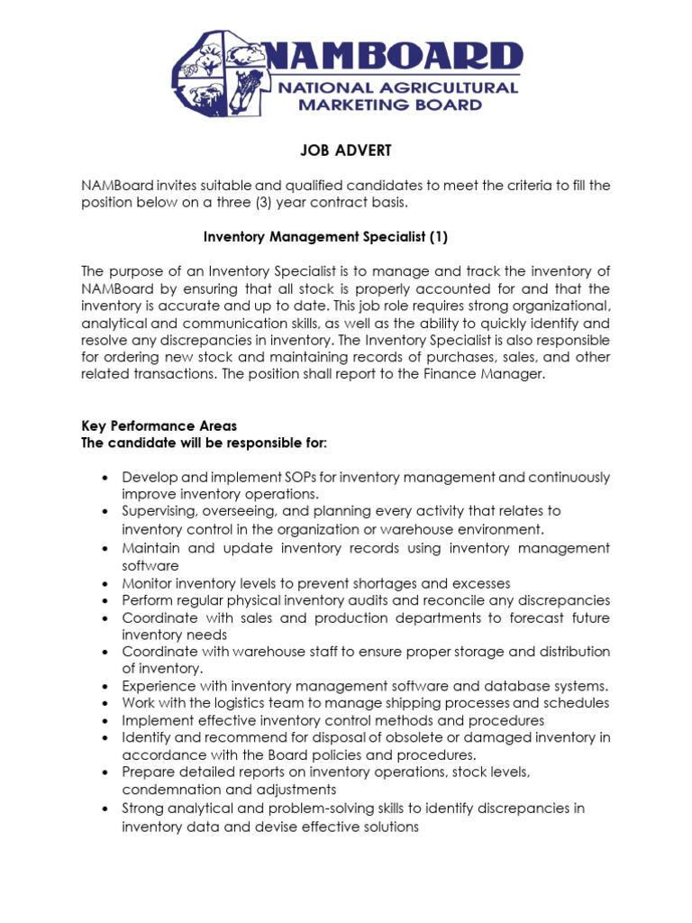 Job Advert Inventory Specialist | PDF | Inventory | Warehouse