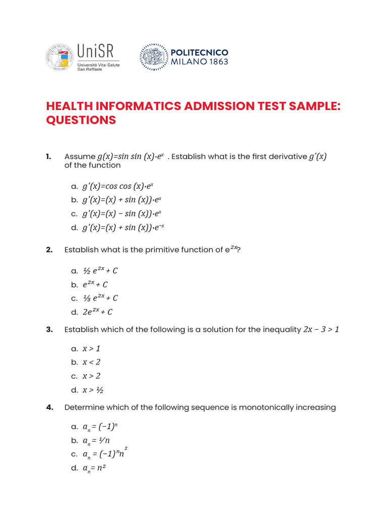 Health Informatics Admission Test Sample UniSR | PDF | Cell (Biology ...