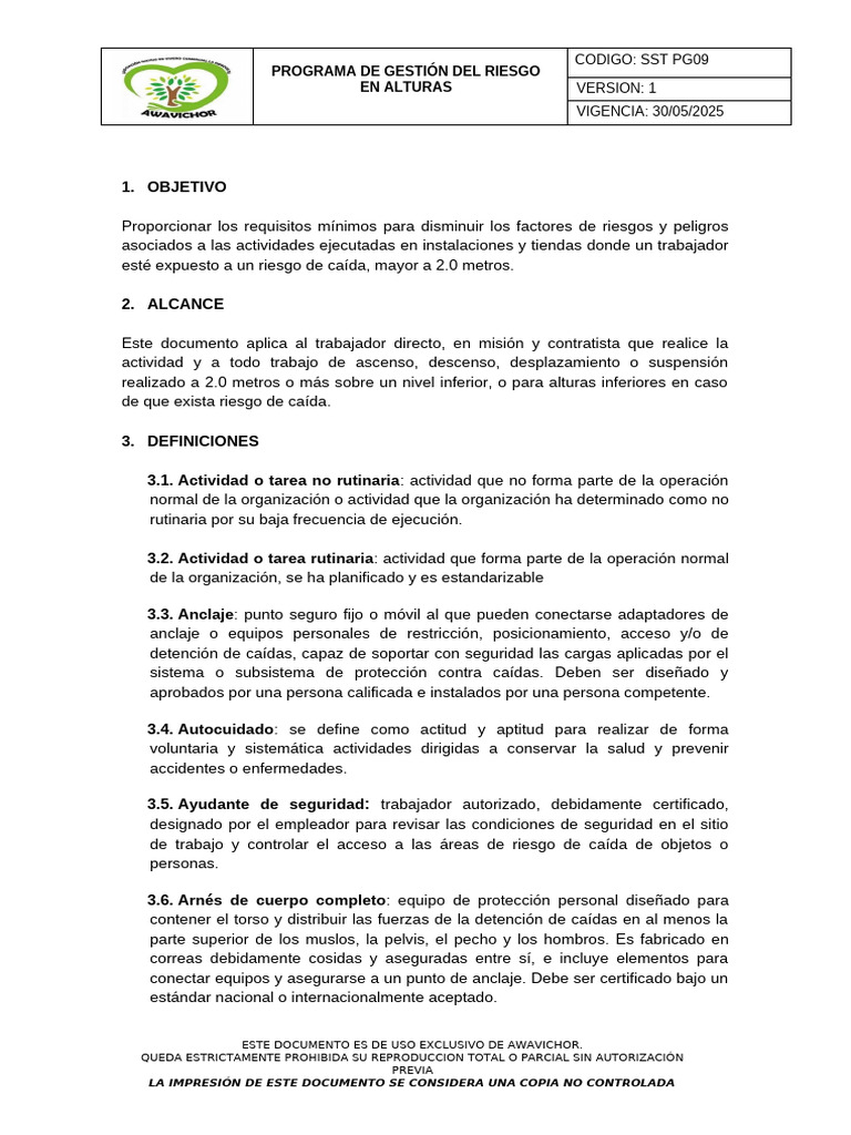 SST Pg09 Programa de Trabajo de Seguro en Alturas | PDF | Seguridad y salud ocupacional | La ...