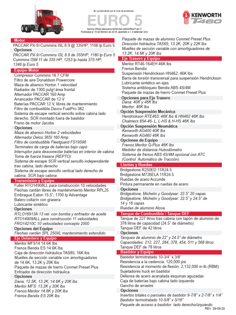 Especificaciones del Camión PACCAR T460 | PDF | Vehículos terrestres ...
