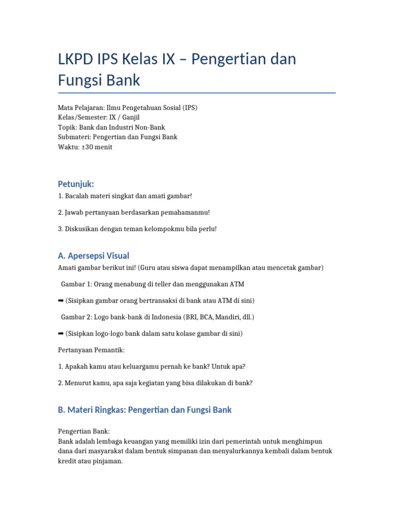 LKPD Pengertian Fungsi Bank Visual | PDF