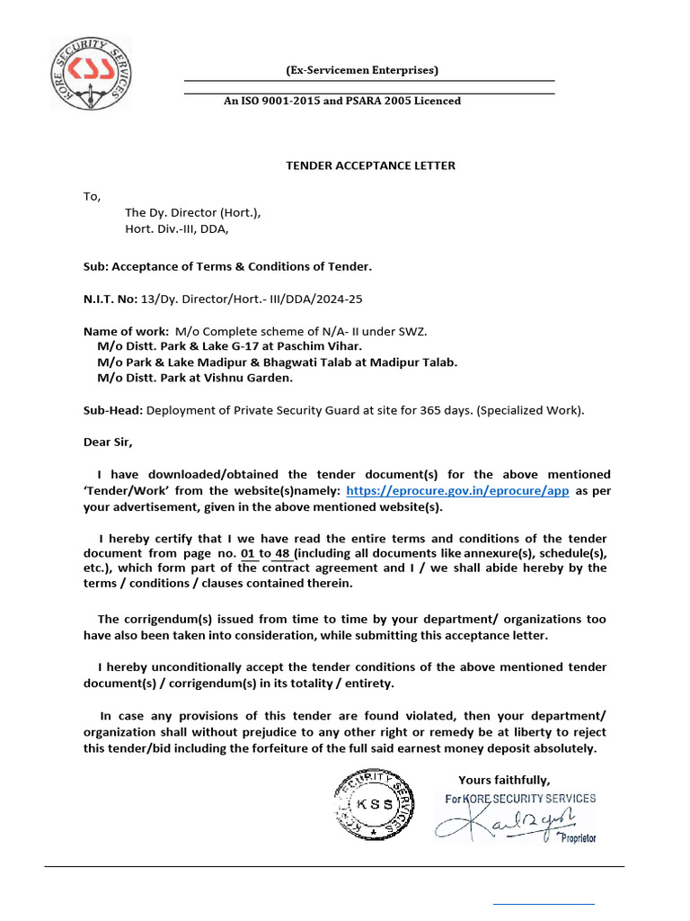 Tender Acceptance for Security Services | PDF | Value Added Tax
