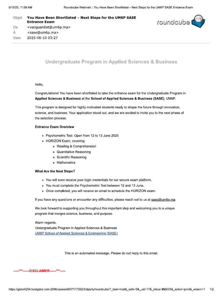 You Have Been Shortlisted - Next Steps For The UM6P SASE Entrance Exam | PDF