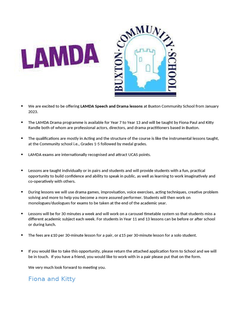 Fiona and Kitty: LAMDA Speech and Drama Lessons | PDF