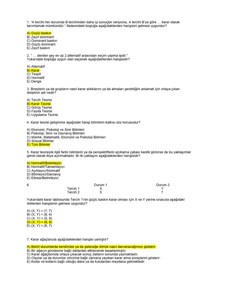 Karar Teorisi Ve Analizi 2023 Vize | PDF