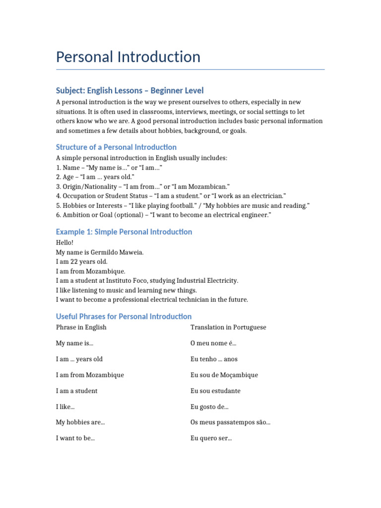 Personal Introduction Guide for Beginners | PDF