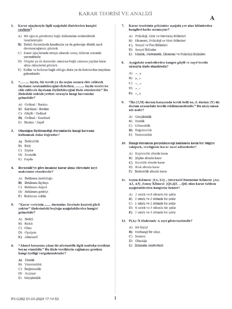 Karar Teorisi Ve Analizi 2024 Vize | PDF
